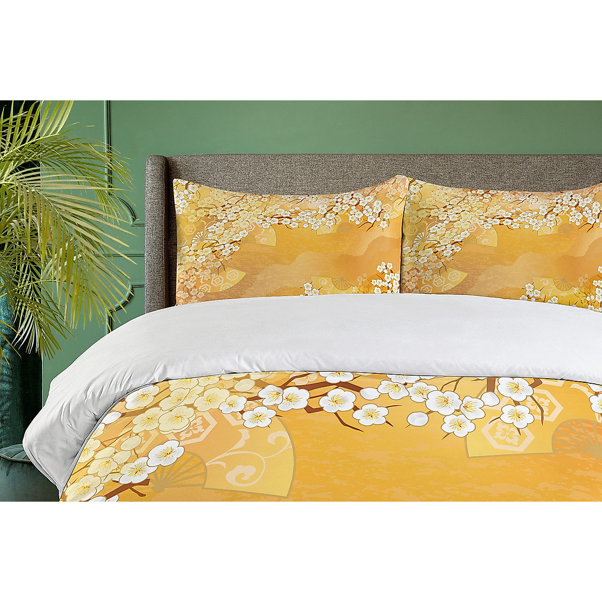 Ambesonne East Duvet Cover Set, Japanese Cherry Blossom Sakura Tree Branches Blooms Art, Decorative 3 Piece Bedding Set with 2 Pillow Shams, Queen Size, Marigold and Cream