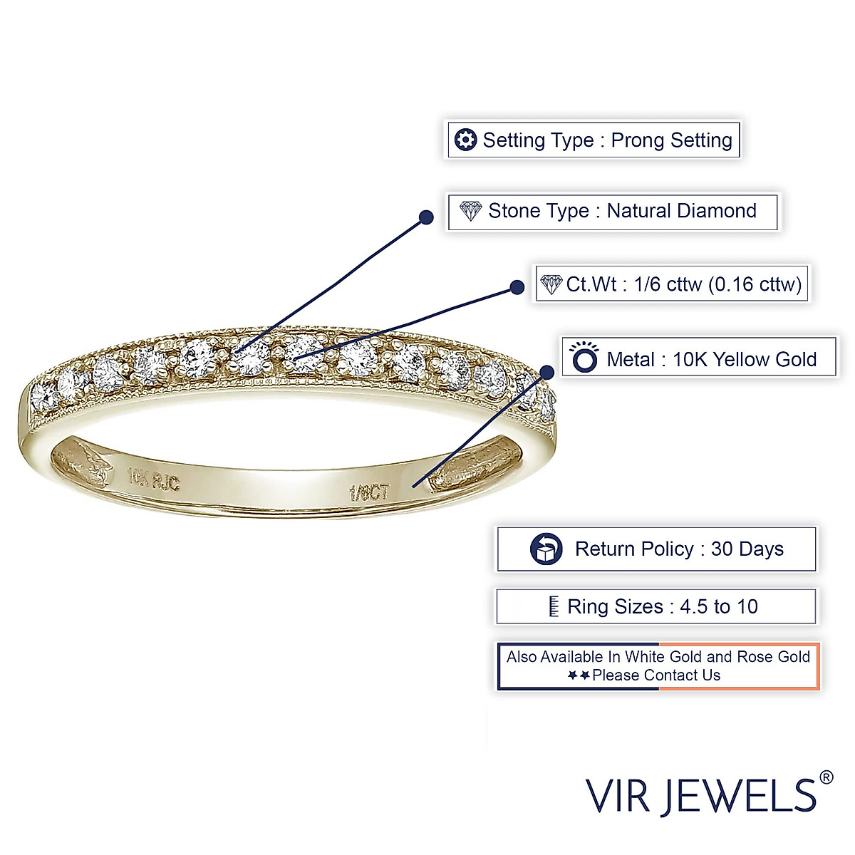 Vir Jewels 1/6 carat (ctw) Diamond Wedding Anniversary Band for Women, Half Eternity Petite Round Diamond Engagement Ring 10K Yellow Gold Prong Set with Milgrain 0.16 cttw, Size 5