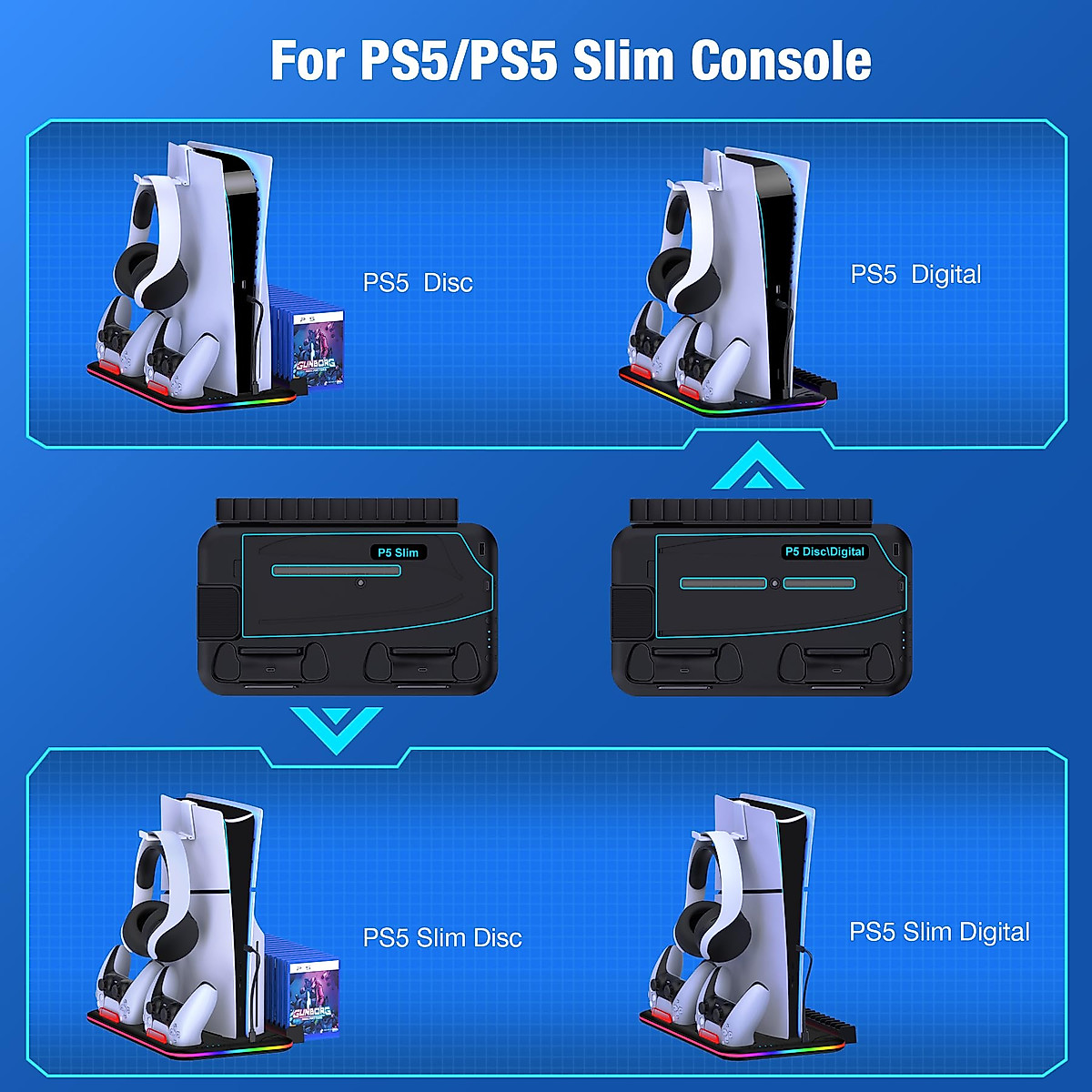 PS5 Stand, PS5 Slim Stand with Cooling Station and Controller Charging Station for PS5 Slim Console Disc/Digital, PS5 Accessories-Cooling Fan, RGB LED, Headset Holder, 15 Game Slot for Playstation 5