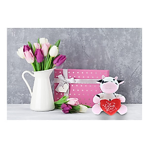 DolliBu I Love You Valentine Pink Cow Plush - Fluffy Cow Stuffed Animal with Red I Love You Plush Heart and Name Personalization Gift for Valentines Day, Birthday, Anniversary, Romantic Date - 6 Inch