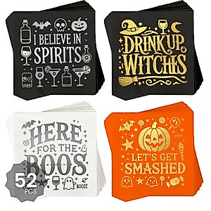 Halloween Napkins, Halloween Cocktail Napkins 52 Pcs, 4 Different Designs 13 Pcs Each Halloween Napkins Disposable, Witch Napkins, Halloween Party Napkins, Spooky Napkins, Witch Party Supplies