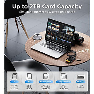 SD Card Reader USB 3.0, WARRKY [2.5FT Nylon Braided, Extra USB 3.0 Ports, 5Gbps] 7 in 1 Memory Card Reader, Micro SD Card Adapter for microSD, SDXC, SDHC, CF, MS, MMC, Micro SDXC/SDHC, UHS-I, More