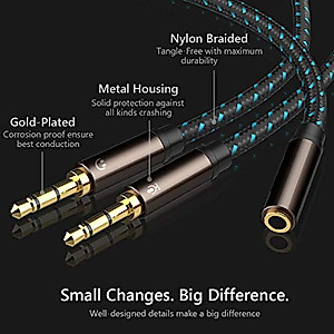 JewMod Headphone Splitter for 3.5mm Female to 2 Dual 3.5mm Male Headphone Mic Audio Y Splitter Cable Nylon-Braided Smartphone Headset to PC Adapter - (1Ft)