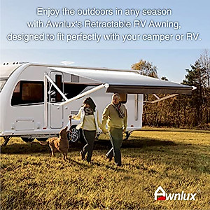 Awnlux White Motorized Modular Retractable RV Awning Full Set Assemblies for RV, 5th Wheel, Travel Trailers, Toy Haulers, and Motorhome - RV Trailer Awning for Home or Camper - 14x8 Ft - Blue Strip