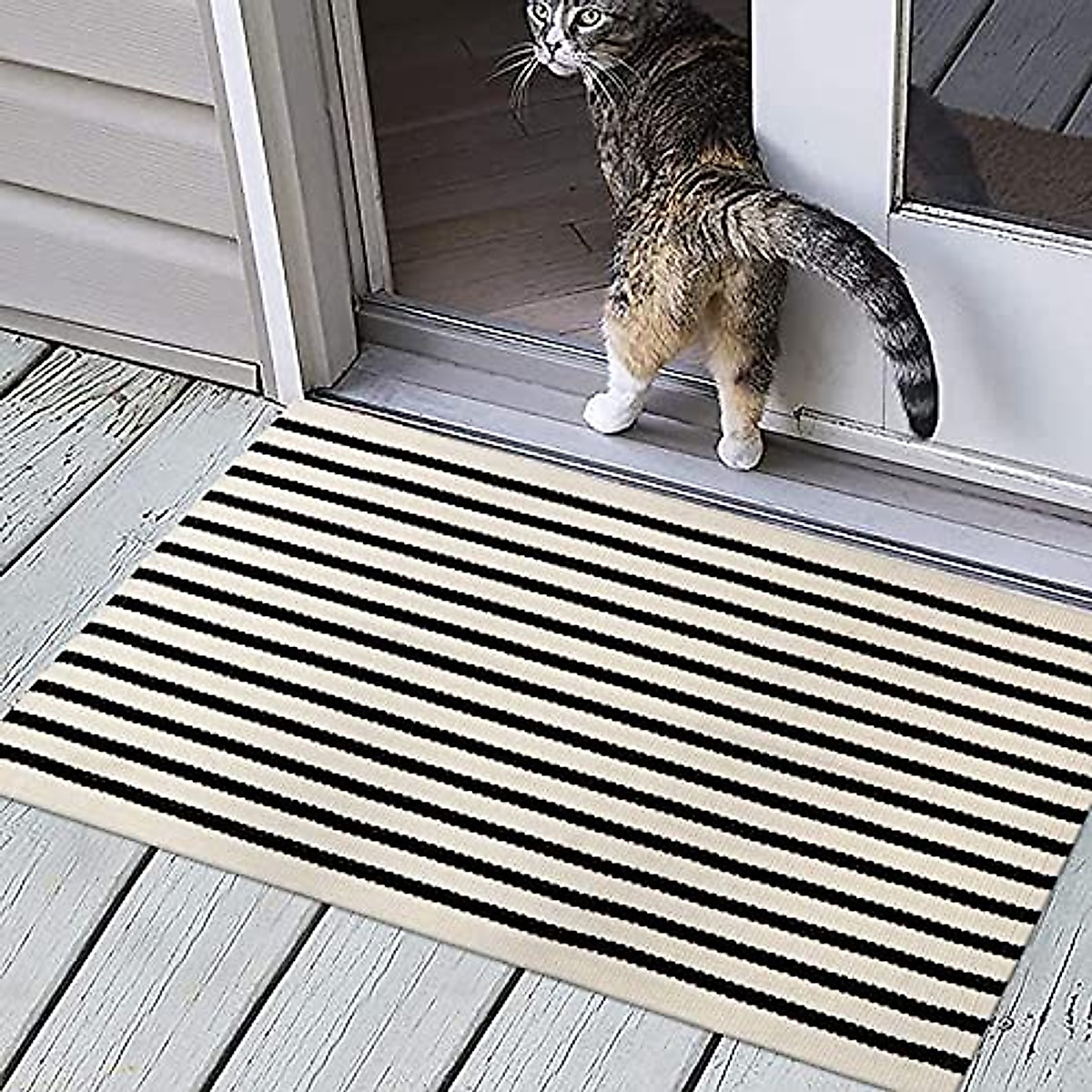 Black/White Striped Outdoor Rug 2' x 3', KIMODE Cotton Hand Woven Welcome Entryway Doormat, Washable Front Door Mats for Porch/Kitchen/Farmhouse