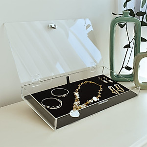 MOOCA Acrylic Rectangular Marketing Holder Locking Security Showcase Safe Box Display Tray, Perfect for Watches Jewelry, Knives, Eyewear with a Key and a Black Padding