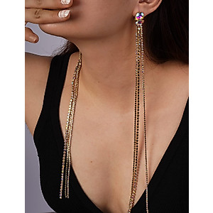 Missgrace Women Bohemian Dainty Dangle Long Tassels Statement Gold Earrings Trendy Unique Full Rhinestones Shiny Bar Disco Earrings Set Jewelry for Women and Girls