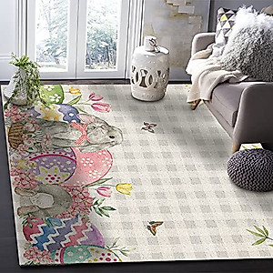 Easter Area Rugs for Living Room/Bedrooom, 2'x3' Area Rug Non-Slip, Cute Bunny Eggs Spring Floral Tulip Botanical Grey Plaid Kids Room Area Rug Washable Accent Floor Carpet Runner Indoor Outdoor