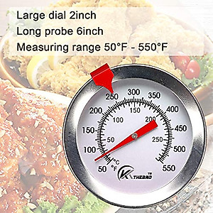 KT THERMO Deep Fry Thermometer With Instant Read,Dial Thermometer,6" Stainless Steel Stem Meat Cooking Thermometer,Best for Turkey,BBQ,Grill