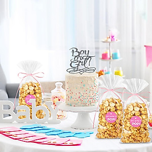 Menkxi 100 Pack Clear Popcorn Bags Bulk 4.92 x 10.83 Inch Cellophane Treat Bags with She Is Going to Pop Label and Ribbon Plastic Popcorn Bags for Gift Wrapping, Food Storage, Baby Shower Decor(Pink)