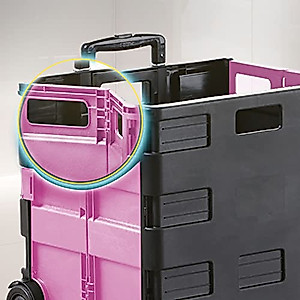 Inspired Living Ultra-Slim Rolling Collapsible Storage Pack-N-Roll Utility-carts, with Telescopic Handle, for Home, Garden, Shopping, Office, School use, Medium, Pink & Black
