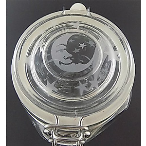 IncisoArt Hand Etched Glass Jar Airtight Canister Sandblasted (Sand Carved) Handmade Engraved Locking Wire Clamp Lid (Sun Moon Stars Planets, 38 Ounce)