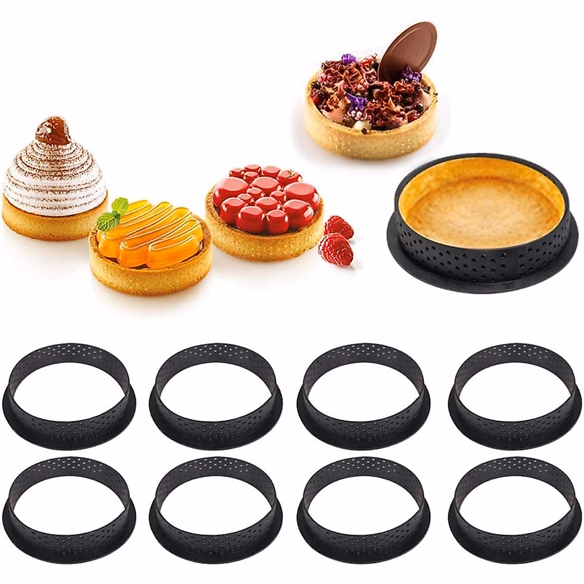 Mini Tart Ring Mold for Baking, Airlxf 8PCS Round Shape Black Cake Mold Mousse Circle Tart Ring Round Cake Molds