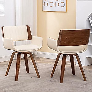 LUNLING Swivel Accent Faux Leather Dining Chairs Set of 2, Mid Century Modern Chairs with Wooden Legs/Armrest/Upholstered Seat/Adjustable Foots for Kitchen Dining Room Desk Chairs(Beige)