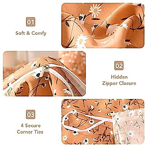 Lekesky Cotton Duvet Cover Queen Size - 100% Washed Cotton Orange Pattern Floral Duvet Cover for All Season, Soft and Breathable Bedding Set with Zipper Closure & Corner Ties