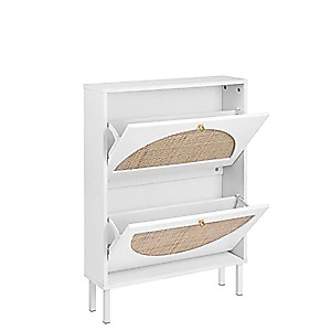 Hayiodda 2 Drawer Natural Rattan Shoe Cabinet, Tipping Bucket Shoe Cabinet with 2 Flip Rattan Doors & Metal Legs for Entryway, White