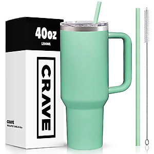 Crave Cups 40oz Tumbler with Lid and Straw l Reusable Spill Proof Double Wall Insulated Stainless Steel Water Bottle Travel Mug l Cupholder Friendly Vacuum Sealed Tumbler with Handle (Seafoam)