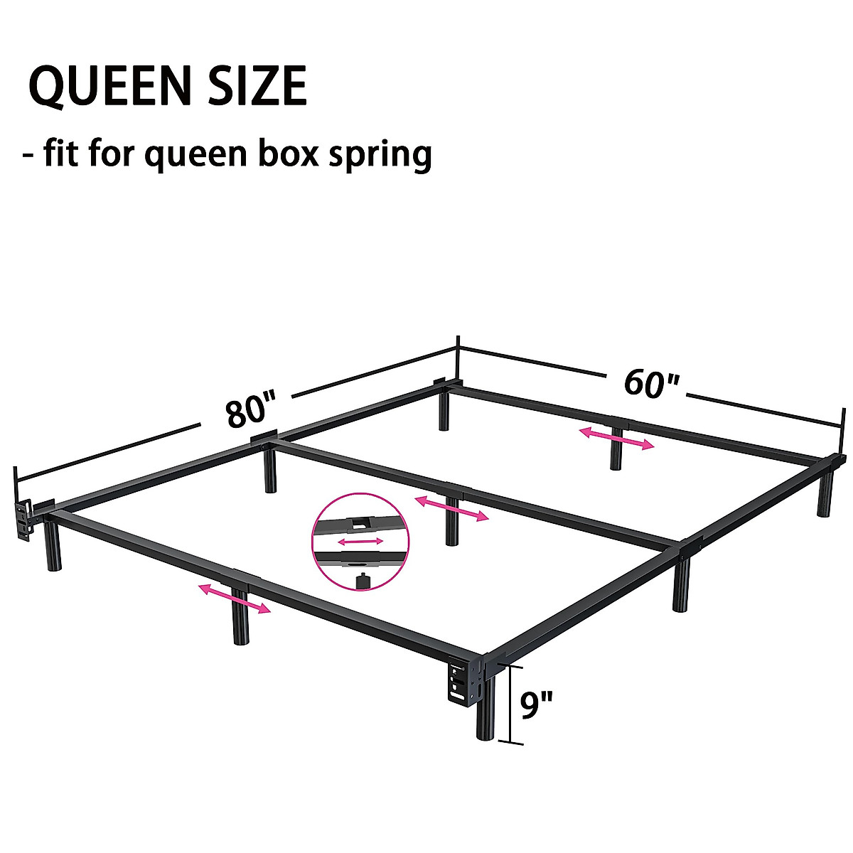 Bedsnus Queen Size Bed Frame, 9 Inch Metal Basics Bed Frame,High Profile Base for Box Spring, 9-Leg Support, Noise-Free, Easy Assembly, Black