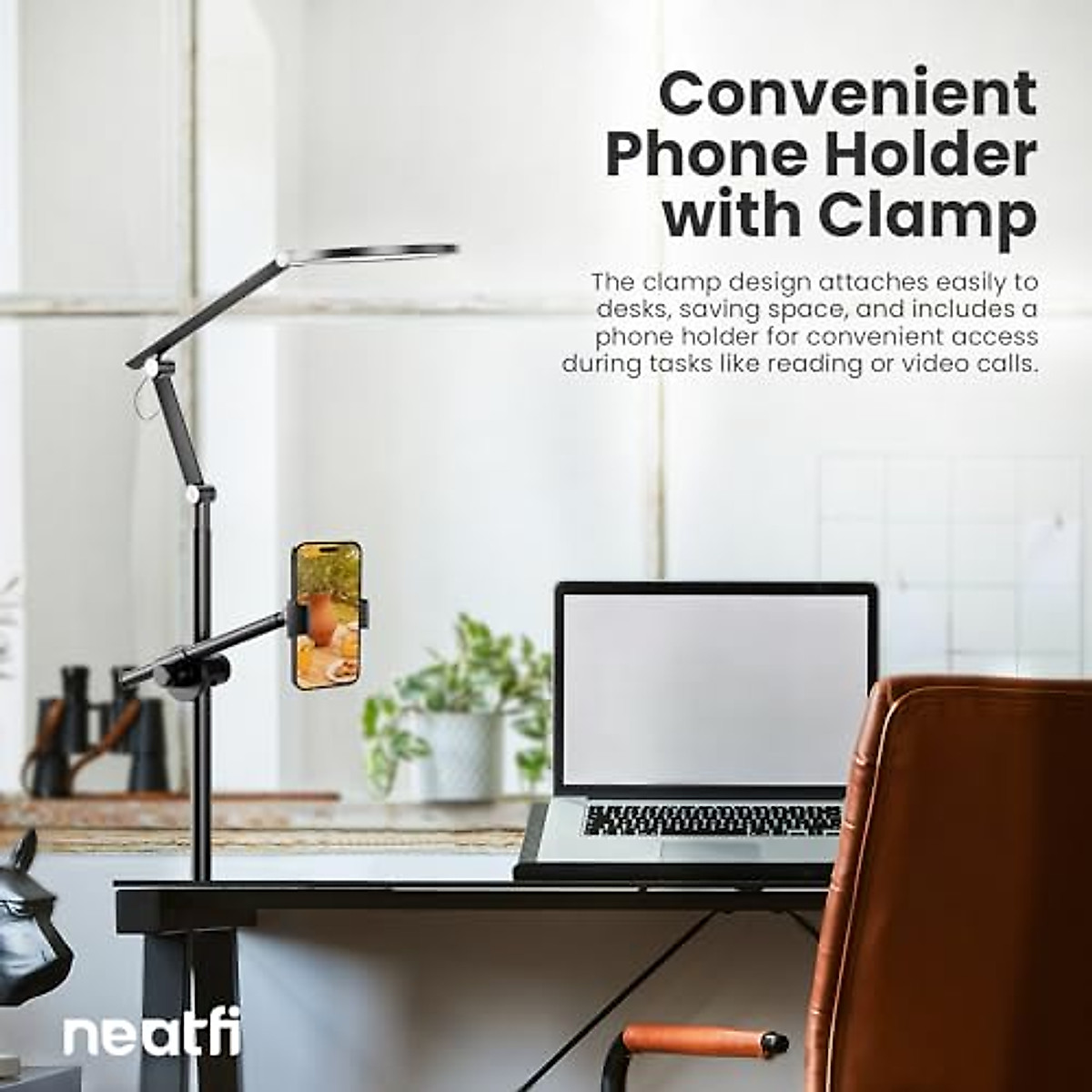 Neatfi Multi-Functional Desk Lamp, Dimmable, 3 Light Modes, 5 Brightness Levels, Zoom/Webcam Light, Touch Controls, USB/Plug Powered, Adjustable Arm (with Phone Holder and Clamp)
