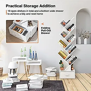 Tangkula 10 Tier Tree Bookshelf with Drawer, Floor Standing Storage Rack for CDs, Movies & Books, Display Utility Shelves for Bedroom, Living Room & Home Office (White, 10 Tier)