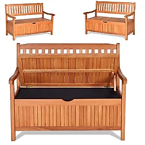 Safstar Outdoor Patio Bench with Storage Box, 33 Gallon Capacity, Wooden Frame, Eucalyptus Material, Natural Color, 42 x 23 x 35.5 Inches