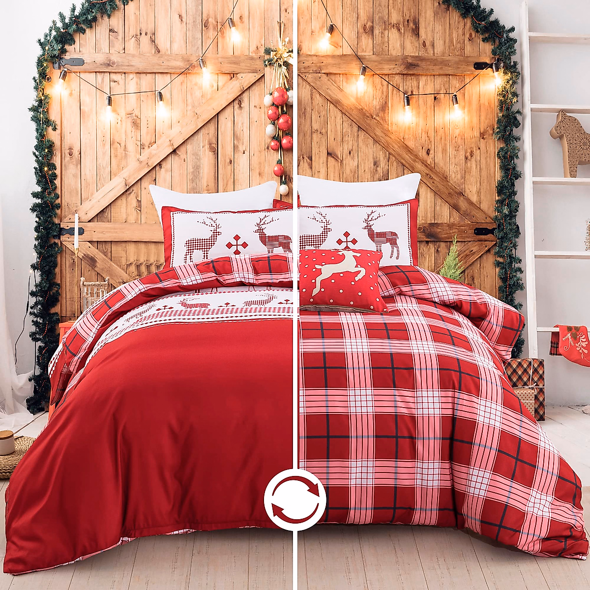 Christmas Duvet Cover Set King, Reversible Reindeer Red Plaid Comforter Cover with Zipper Closure, 3 Pieces Soft Microfiber New Year Xmas Holiday Bedding Cover Set with 2 Pillowcases