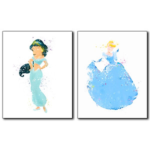Princess Watercolor Prints - Set of 9 (8 inches x 10 inches) Photos - Rapunzel Ariel Aurora Elsa Anna Jasmine Cinderella Snow White Belle