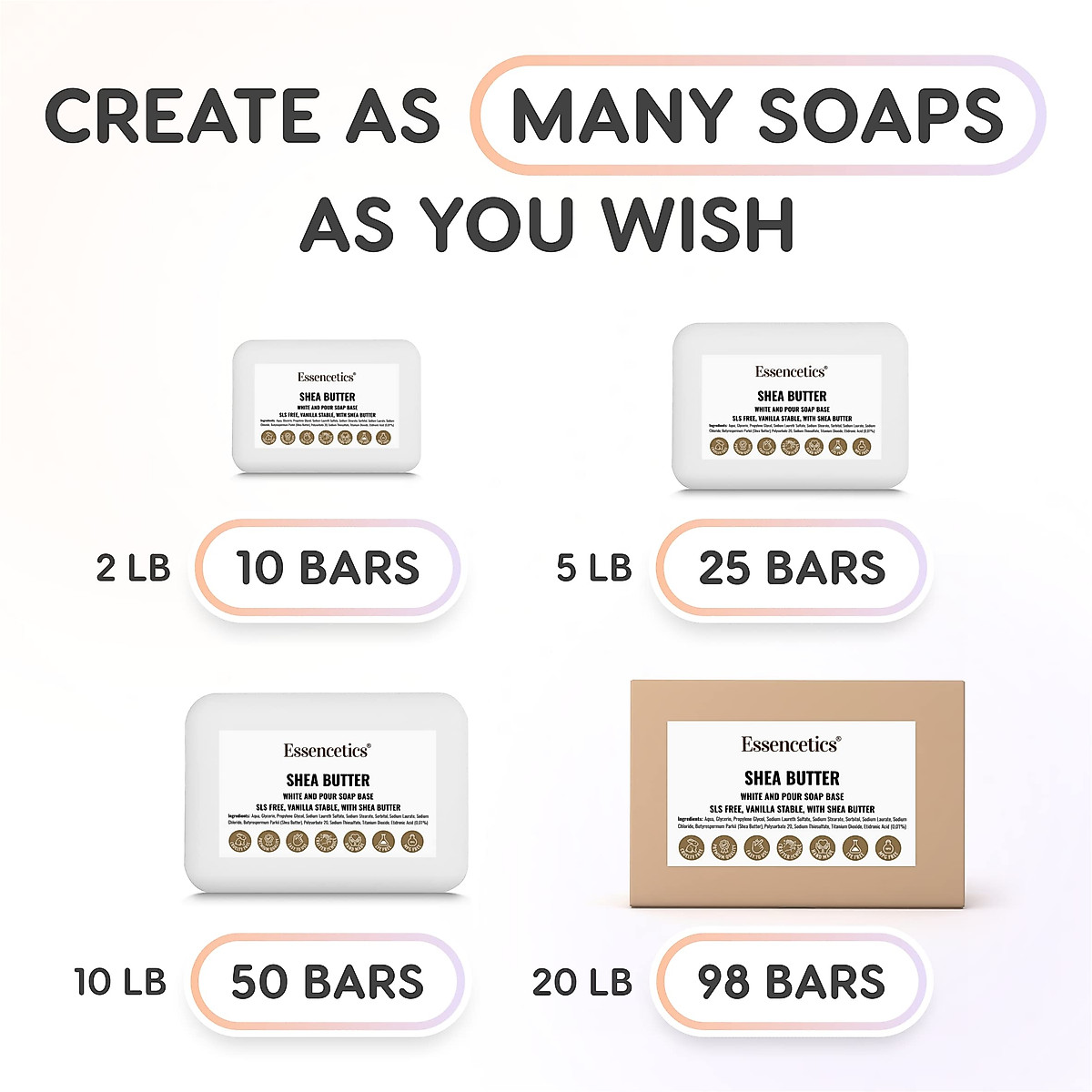 Essencetics 5LB - Shea Butter Soap Base Melt and Pour - SLS Free, No Palm Oil, Vegan & Cruelty Free - Organic Moisturizing Shea Butter Soap Base for Soap Making - Made from Natural Glycerin -(5 Pound)