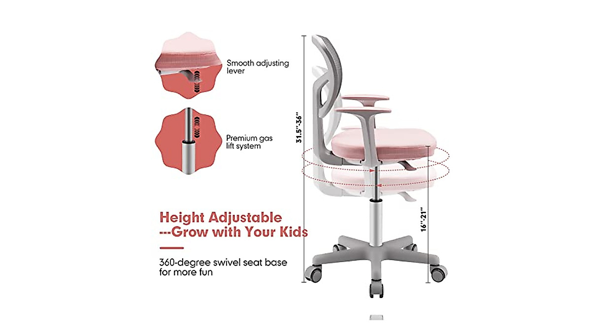 Kids Desk Chair with Adjustable Height & Lumbar Support | Pink ...