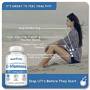 MaxX Labs D Mannose Capsules - Fast Acting 1400 MG Extra Strength DMannose Capsule for Bladder Health with Potent Cranberry Extract & Hibiscus Flower Supports UTI Relief Supplement - 120 Ct