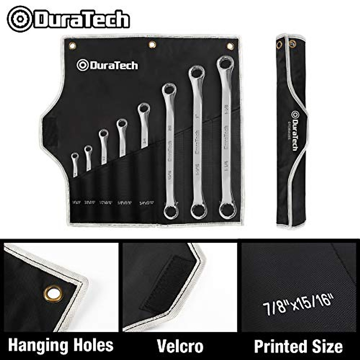 DURATECH 50-Degree Offset Wrench Set, SAE, Double Box End Wrench Set, 8-Piece, 1/4'' to 1-1/4'', 12 Point, CR-V Steel, with Easy Hang Rolling Pouch