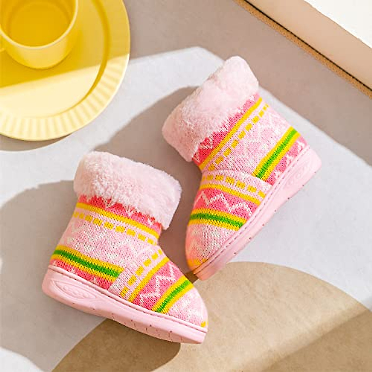 Anddyam Kids Fuzzy Warm Soft Boot Slipper Non-Slip House Shoes Outdoor Indoor Winter Knitted Cozy Warm Girls Boys Slipper 12-13 pink