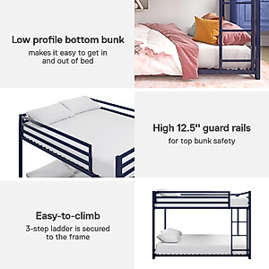 DHP Miles Low Metal Bunk Bed Frame for Kids, With Built-in Ladder, High Guardrail and Metal Slats, Floor Bed Bottom Bunk, No Boxspring Required, For Small Spaces, Full-Over-Full, Blue
