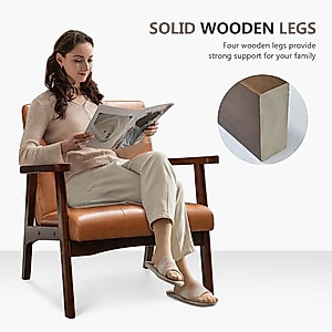 Bonzy Home Mid Century Modern Accent Chair for Living Room, Upholstered Faux Leather Armchair Comfy Retro Bedroom Side Chair with Solid Wood Frame, Orange