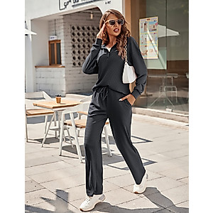 Ekouaer Waffle Knit Pajamas Set for Women 2 Piece Outfits Long Sleeve Button Top and Wide Leg Pant with Pockets Loungewear Dark Grey M