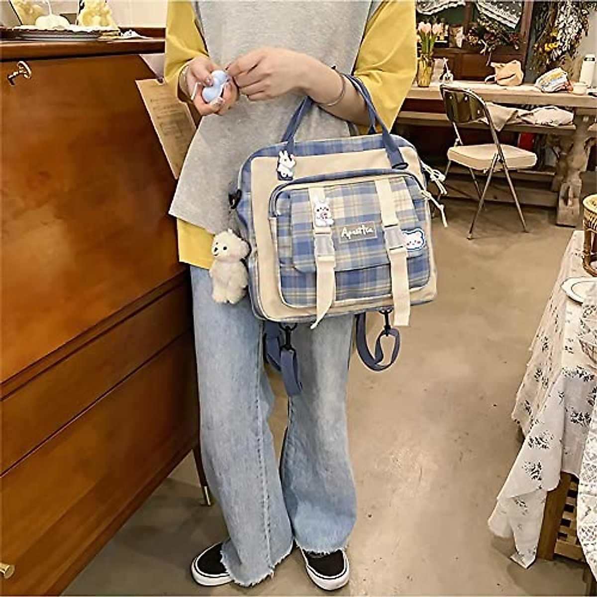 Tonecy Kawaii Bear Backpack for School, Japanese Aesthetic Backpacks for Teenager Girls, Back to School Handbag Backpack (Blue,with 3 Pins,1 Bear Pendant)