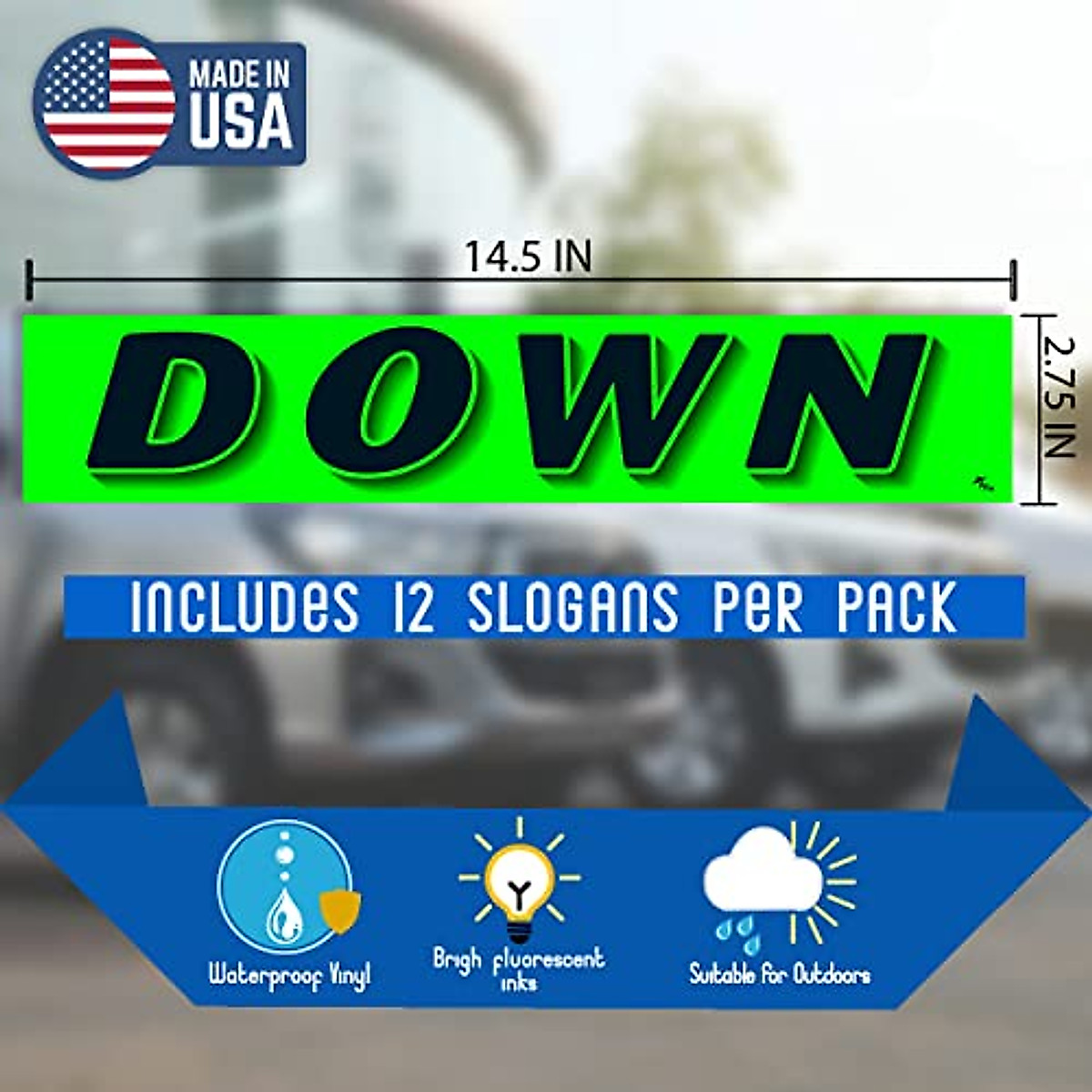 Versa Tags Windshield Slogan Stickers 12 Pack Each of Down, 3RD Row Seating, WE Finance, FINANCING Available, Warranty (60) Window Stickers Total Dealership Stickers Black On Green