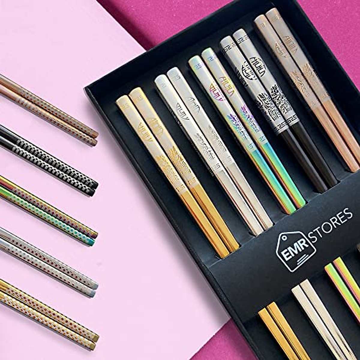 EMRSTORES Stainless Steel Chopsticks - Laser Engraved Premium Multicolor Reusable Chopsticks - 5 Pairs Dishwasher Safe Metal Chopsticks - Easy to Use - Square Lightweight Chop Sticks - Gift Set