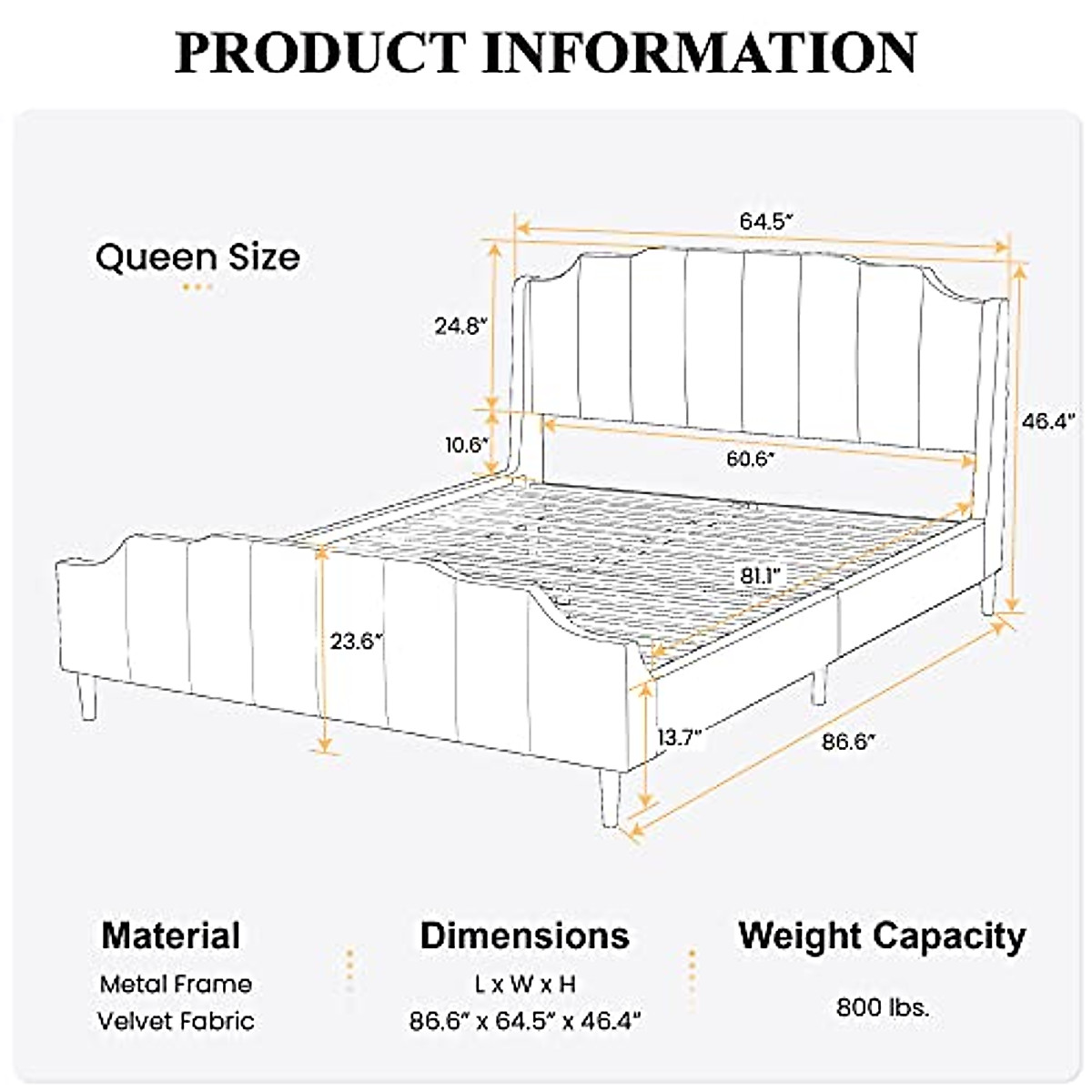 SHA CERLIN Wood Queen Size Bed Frame with Modern Curved Upholstered Wingback Headboard / Heavy Duty Platform Bed with Strong Wood Slat Support / Green