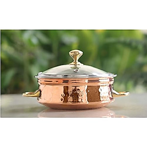 IndianArtVilla Steel Copper Handi Bowl with Brass Handle & Glass Lid, Serving Indian Dishes, 24 OZ