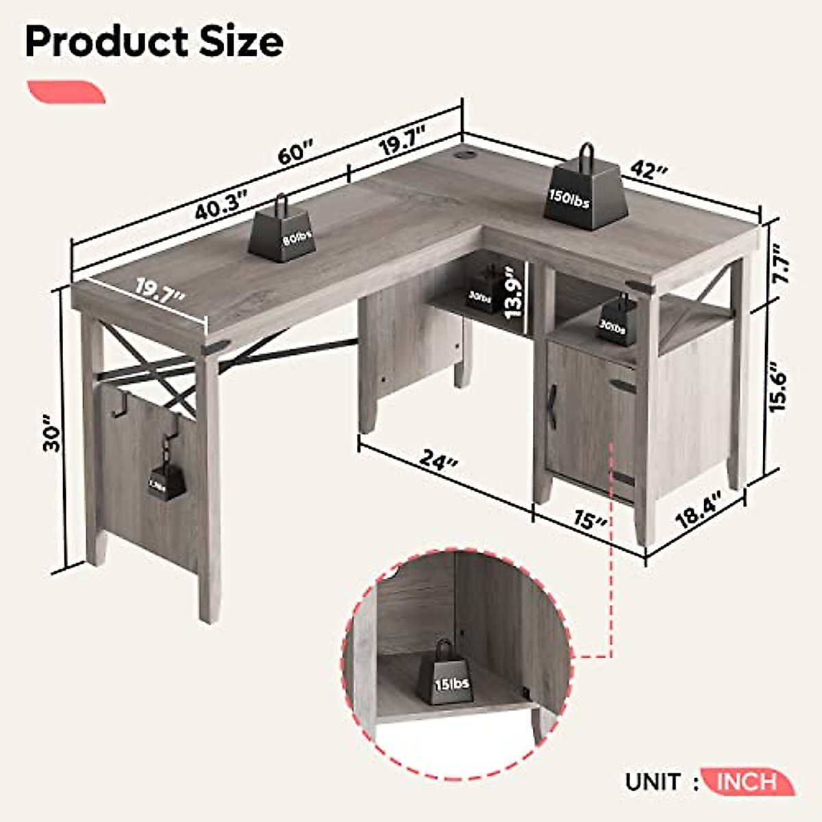 Bestier L-Shaped Home Office Computer Desk with Storage Cabinet & Bookshelf, Farmhouse Office Table for Writing Study, 60 x 42 Inch Convertible Corner Workstation Table with Shelves, Gray