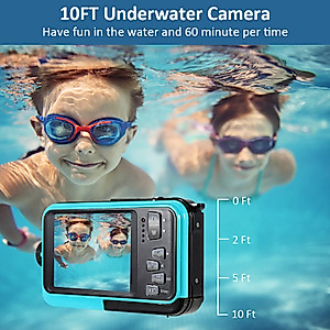 Digital Camera 10FT Waterproof Digital Camera 2.7K 48MP 16X Zoom in Waterproof Camera Selfie Dual Screens Underwater Camera for Snorkeling, Blue