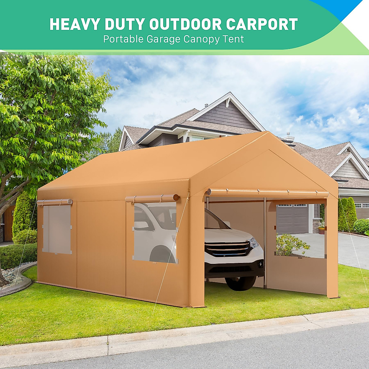 GarveeLife 12x20FT Carport, Portable Garage with Sidewalls, Doors and Ventilated Windows, UV Resistant and Waterproof, Heavy Duty Carport for Car, Bike, Boat, Party (Yellow)