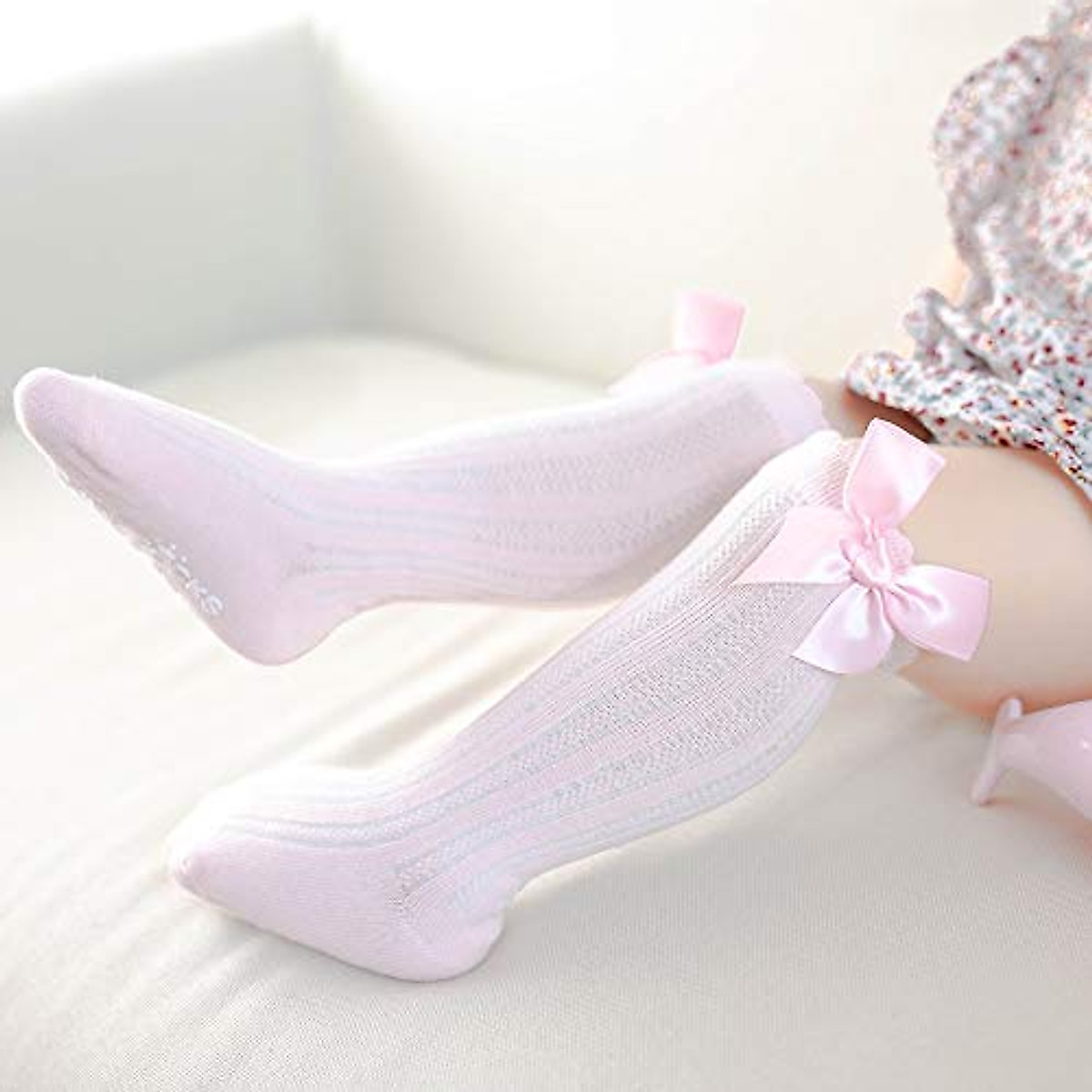 Sarfel Toddler Girl Knee High Socks Baby Non-Slip Socks Infant Long Tube Ruffled Stockings Gifts 5 Pairs Bow 12-36 Months
