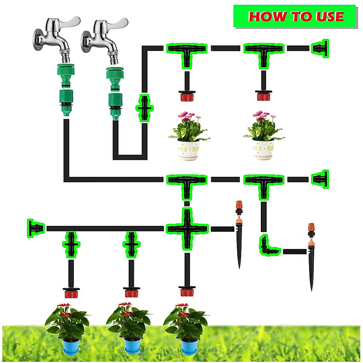 Irrigation Fittings Kit, Hoomtry Drip Irrigation Barbed Connectors for 1/4-Inch Tubing Flower Pot Vegetable Garden Lawn（Straight Barbs, Tees, Elbows, End Plug, 4-Way Coupling）