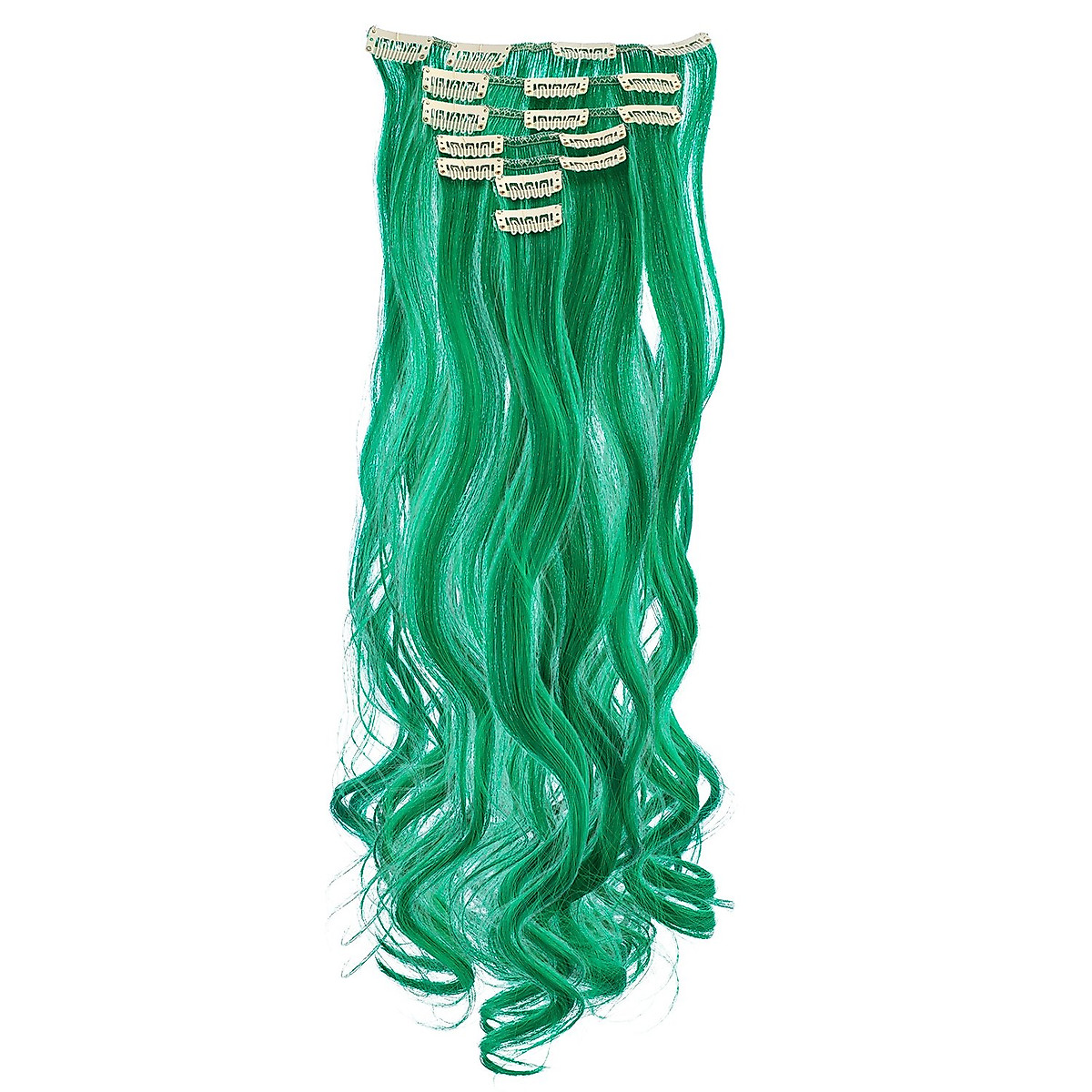 SWACC 7 Pcs Full Head Party Highlights Clip on in Hair Extensions Colored Hair Streak Synthetic Hairpieces (20-Inch Curly, Green)
