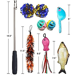 Cat Toys Set, Cat Retractable Teaser Wand, Catnip Fish, Interactive Cat Feather Toy, Mylar Crincle Balls, Two Cotton Mice, Four Fluffy Mouse