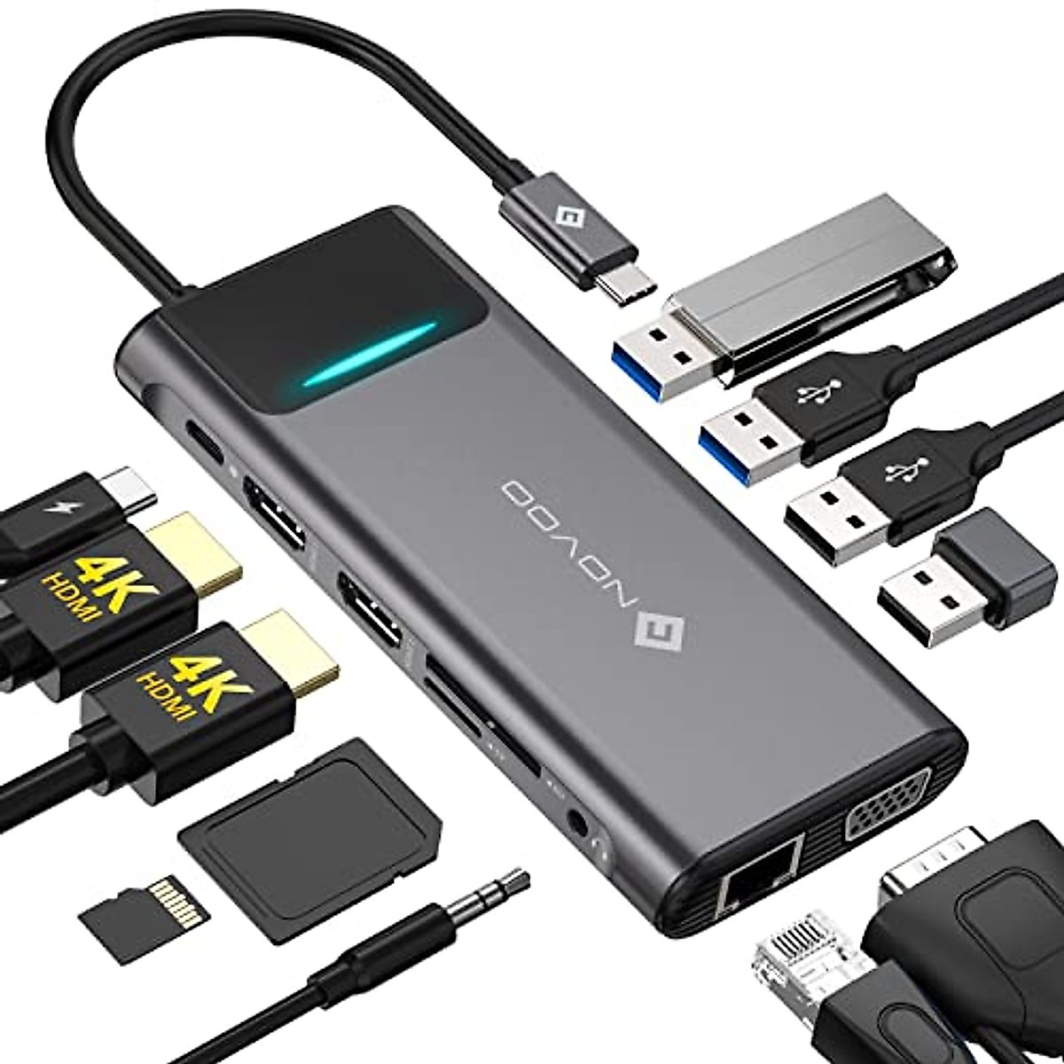 USB C Docking Station Dual Monitor for Dell/HP/Lenovo/Surface Laptop, Triple Display USB C Hub Multiple Adapter, USB C Dongle with 2 HDMI 4K+VGA+4 USB Port+100W PD Charger+Ethernet+SD/TF+Audio NOVOO