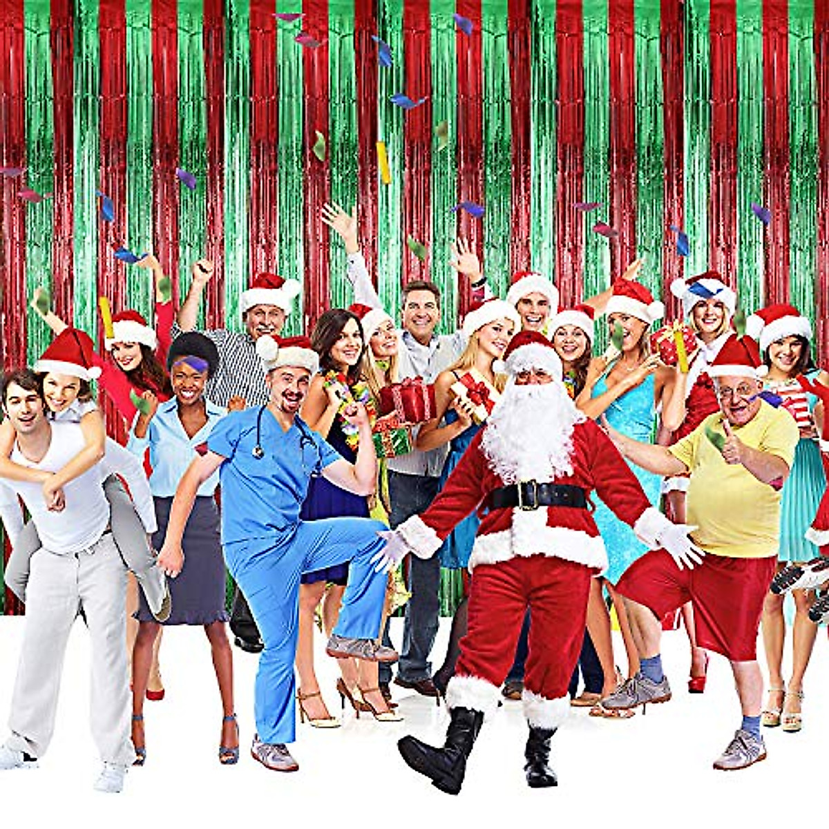 Sumind 3 Pack Metallic Tinsel Curtains, Foil Fringe Shimmer Curtain Door Window Decoration for Birthday Wedding Party (Red with Green)