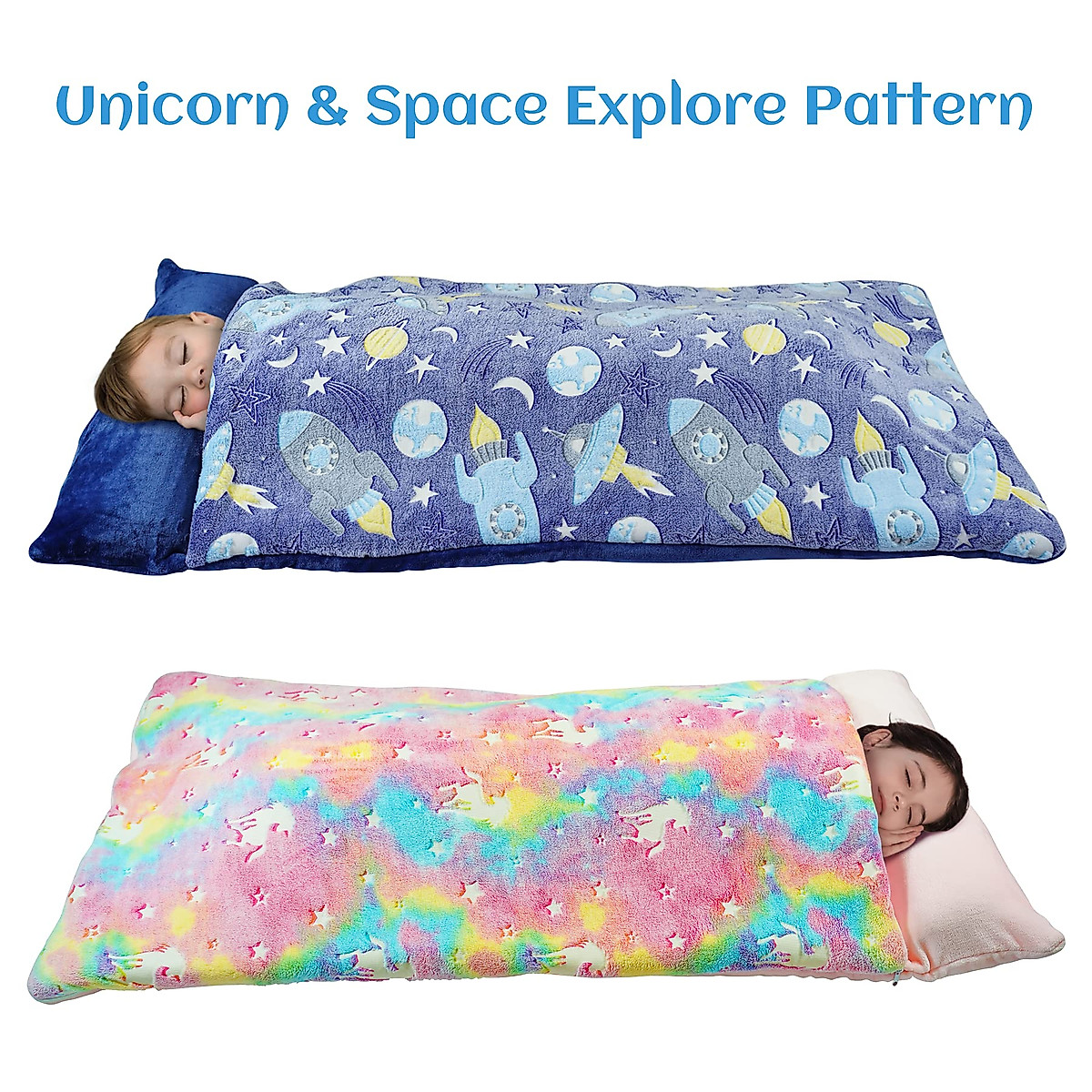 Kids Sleeping Bags, Glow in The Dark Slumber Bag for Kids, Toddler Nap Mat with Pillow and Blanket for Sleepover, Daycare, Preschool (62" x 28") (Space Explore)